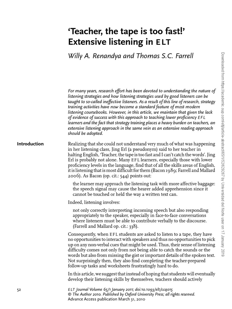 Extensive Listening Strategies in ELT | PDF | Speech | Reading ...