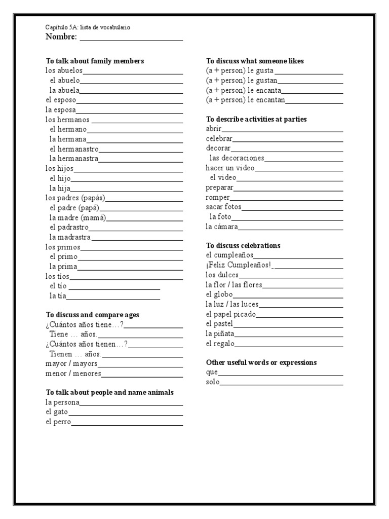 Vocabulario de Familia y Celebraciones | PDF | Padre e hijo | Familia