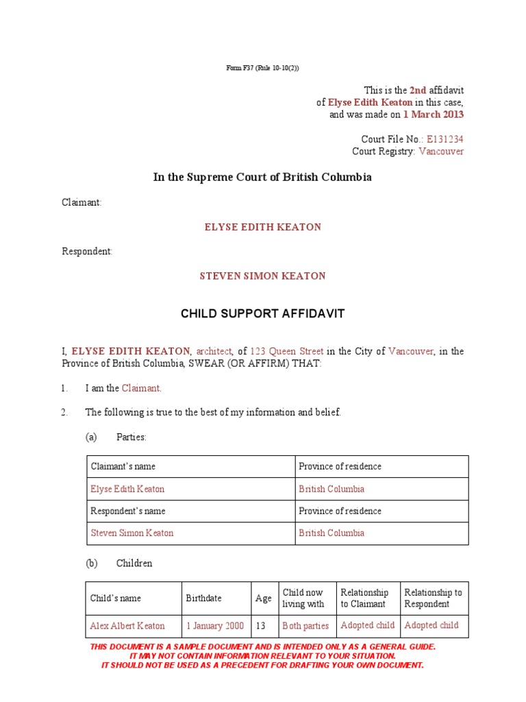Form F37 Child Support Affidavit (Sole) Sample | Child Support | Government