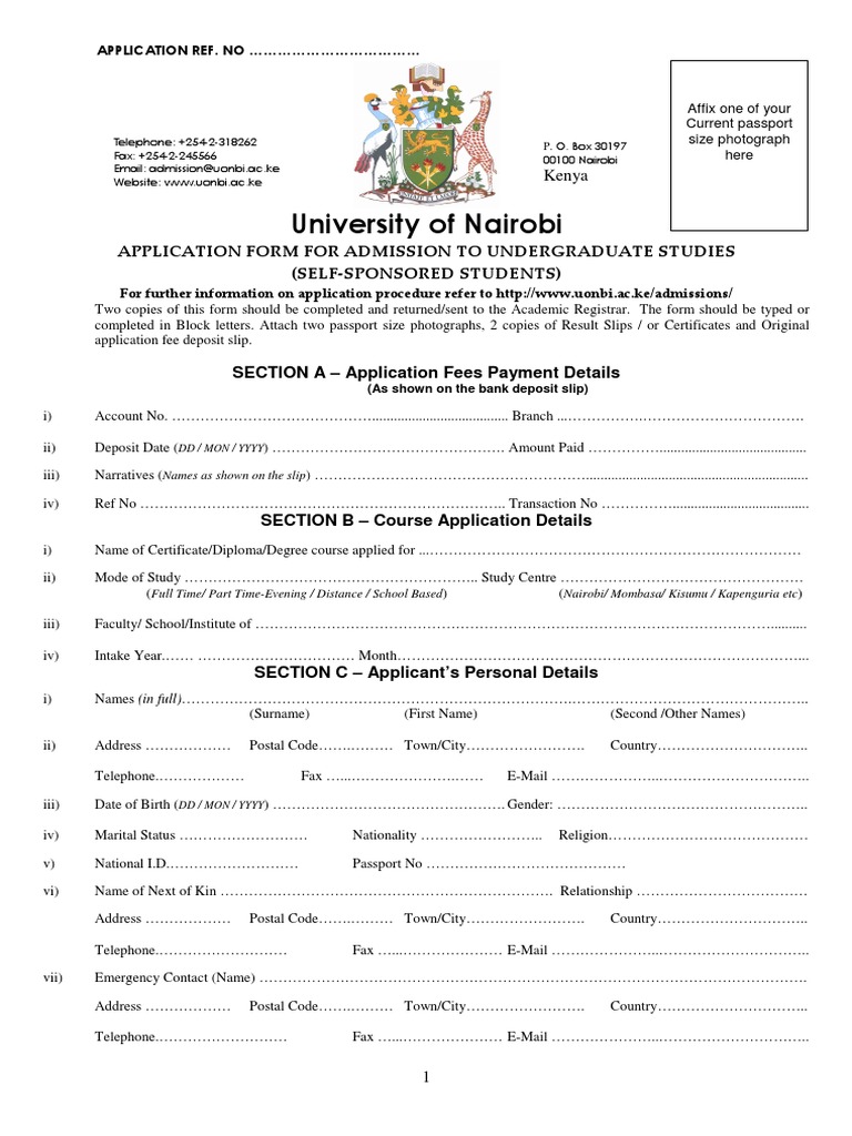 University of Nairobi: Application Form For Admission To Undergraduate ...