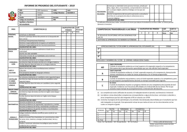 Informe de Progreso Del Estudiante | Segundo lenguaje | Aprendizaje