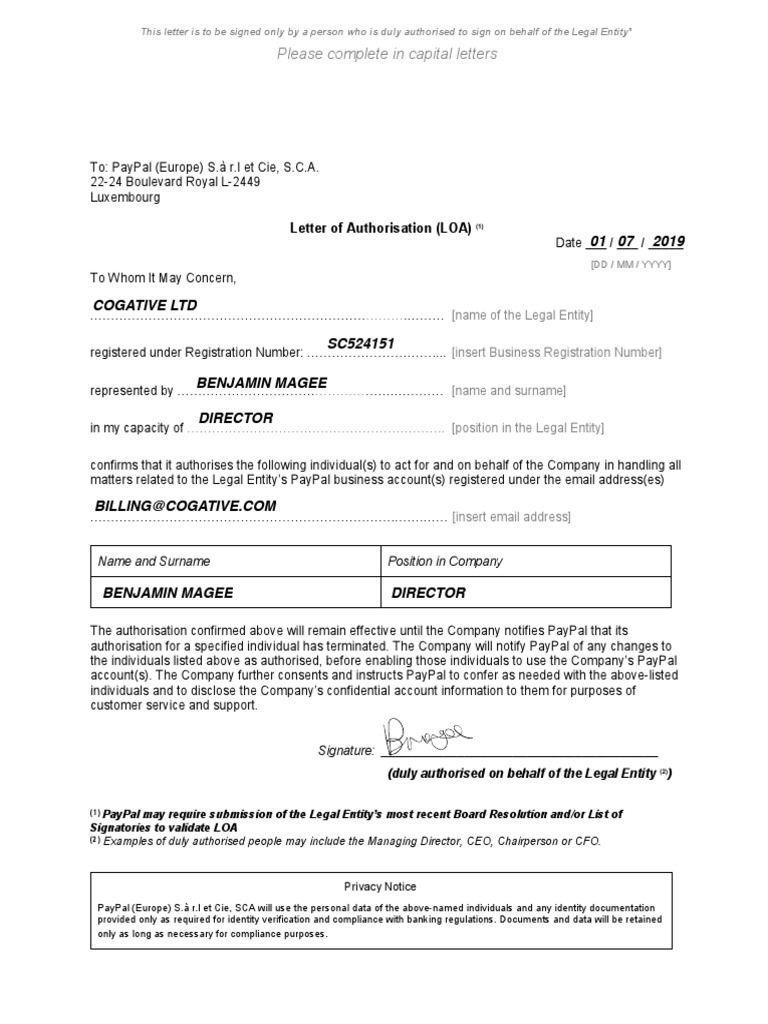 Please Complete in Capital Letters: Letter of Authorisation (LOA) | PDF ...