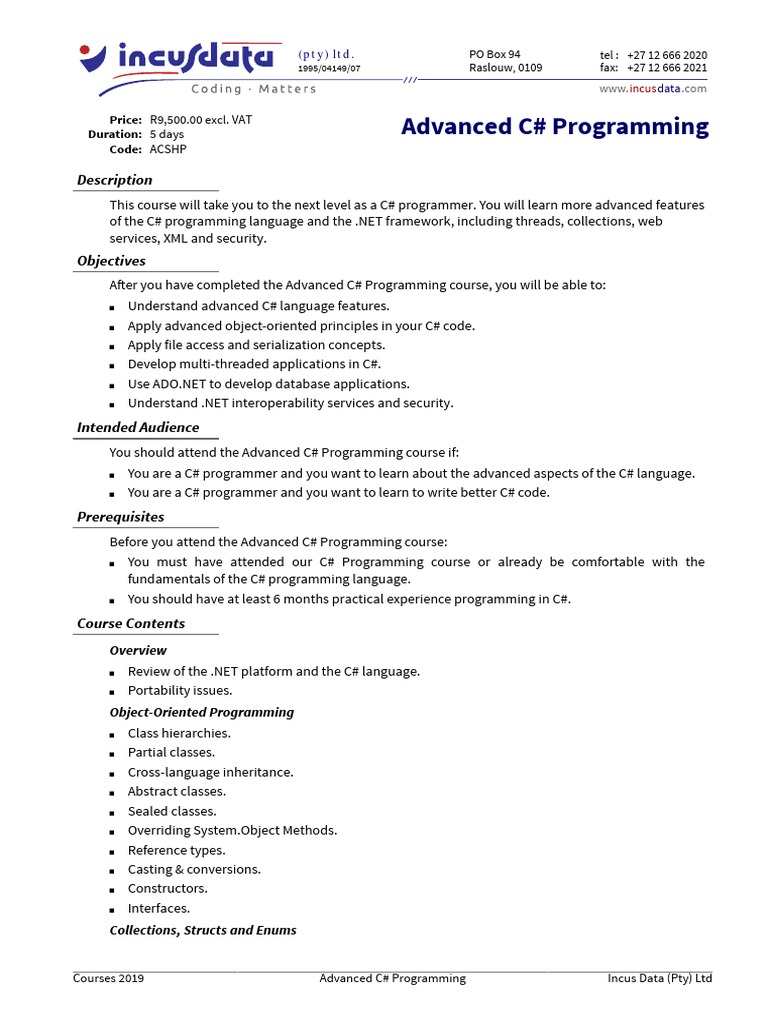 Advanced Csharp Programming Course Outline | PDF | C Sharp (Programming Language) | Class ...