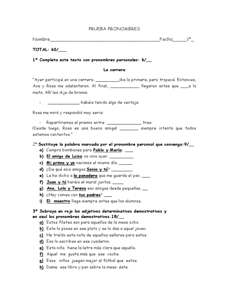 Prueba Pronombres | PDF