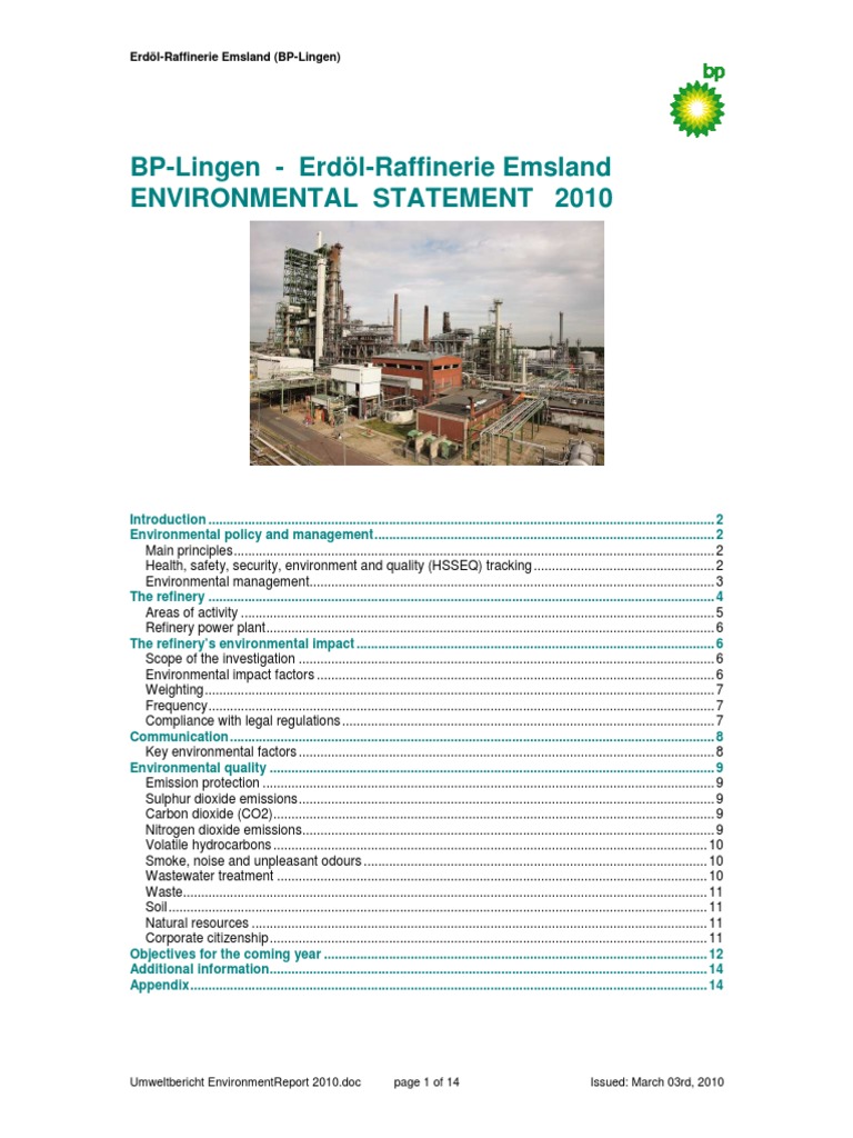 BP-Lingen - Erdöl-Raffinerie Emsland Environmental Statement 2010 | PDF ...