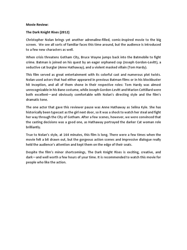 Movie Review: The Dark Knight Rises (2012) | PDF | Batman | Restaurant ...