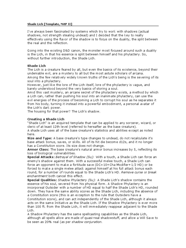 Shade Lich Template for D&D 5E | PDF | Fantasy | Leisure