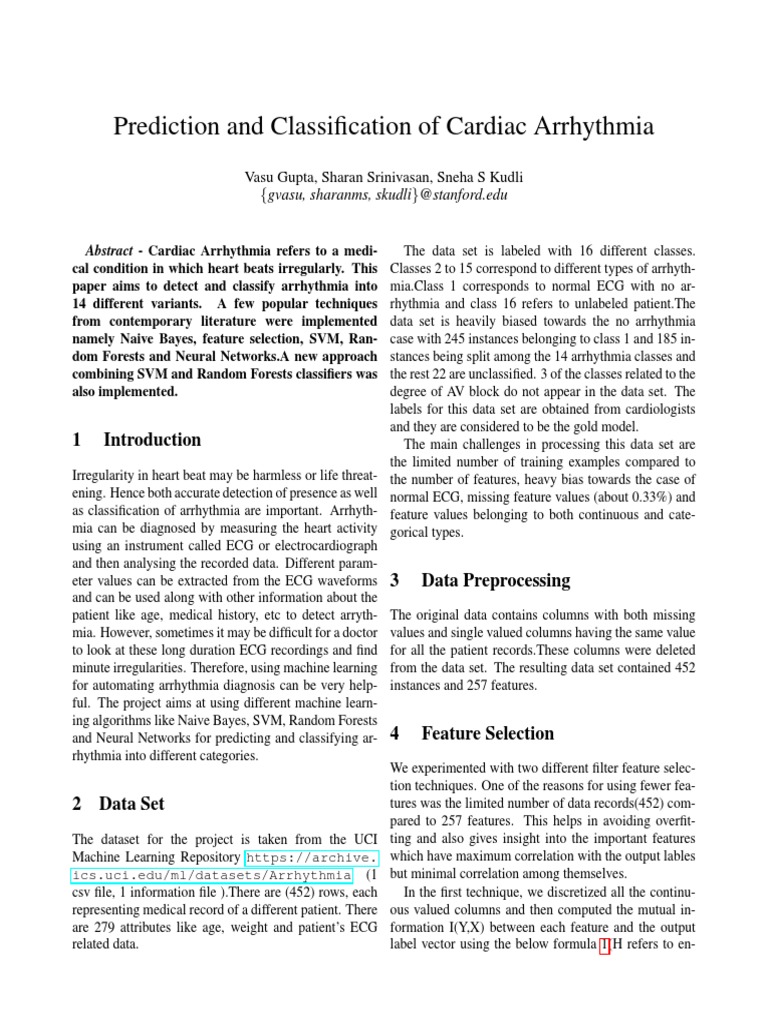 Vasu Gupta, Sharan Srinivasan, Sneha Kudli, Prediction and Classification of Cardiac Arrhythmia ...