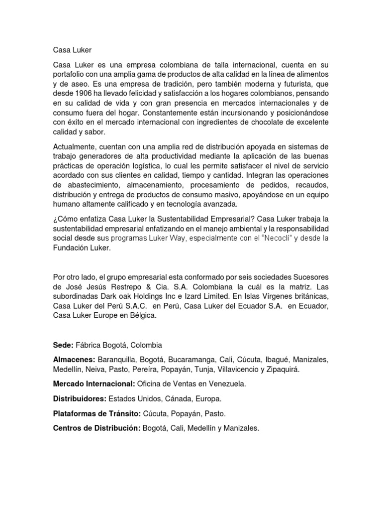 Casa Luker Administración | PDF | Colombia | Logística