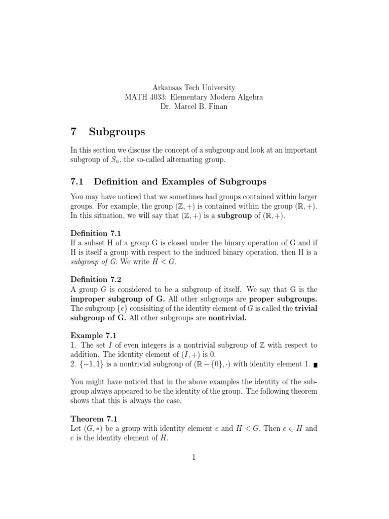 7 Subgroups: 7.1 Definition and Examples of Subgroups | PDF | Group ...