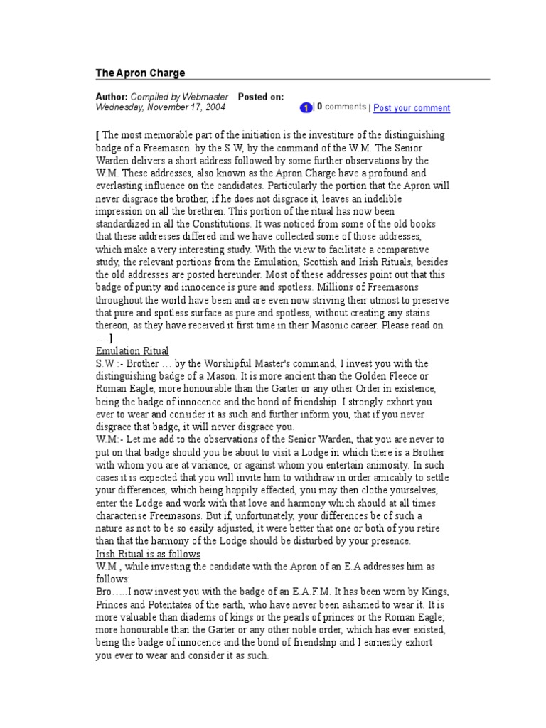The Apron Charge | PDF | Freemasonry | Masonic Lodge