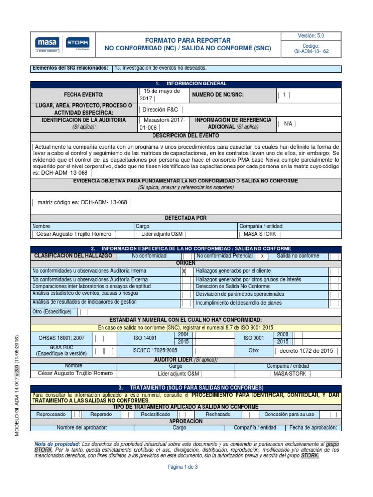 Formato para Reportar No Conformidad (NC) Producto No Conforme (PNC ...
