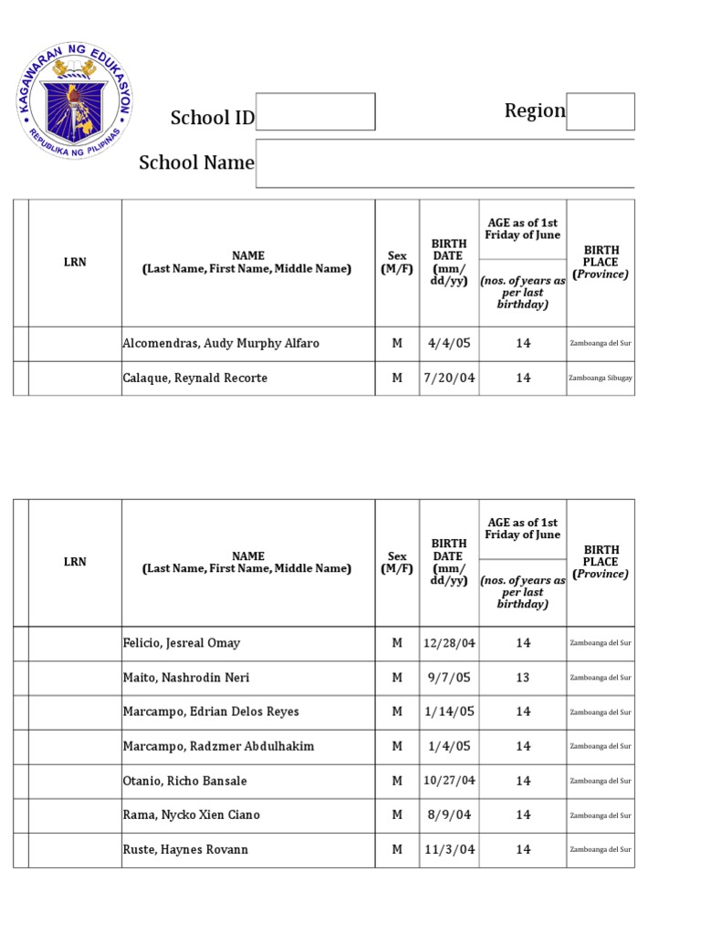 School ID Region School Name: School Form 1 (SF 1) School Register | PDF