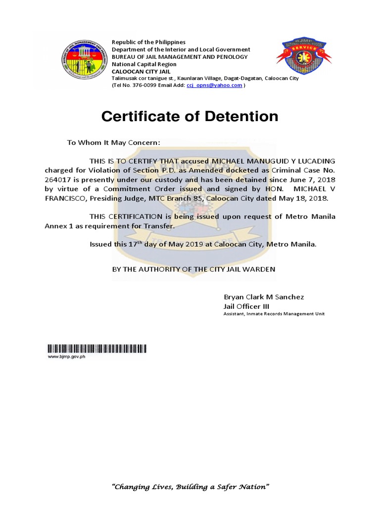 Certificate of Detention for Inmate Lucading | PDF