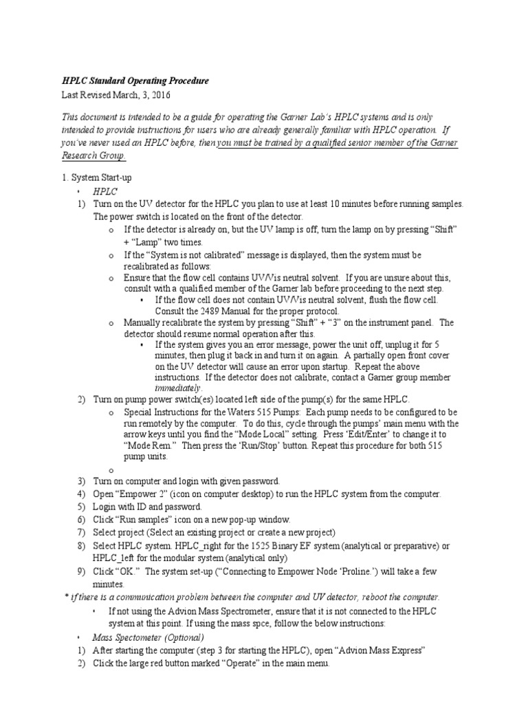 HPLC Standard Operation Guidelines | PDF | High Performance Liquid ...