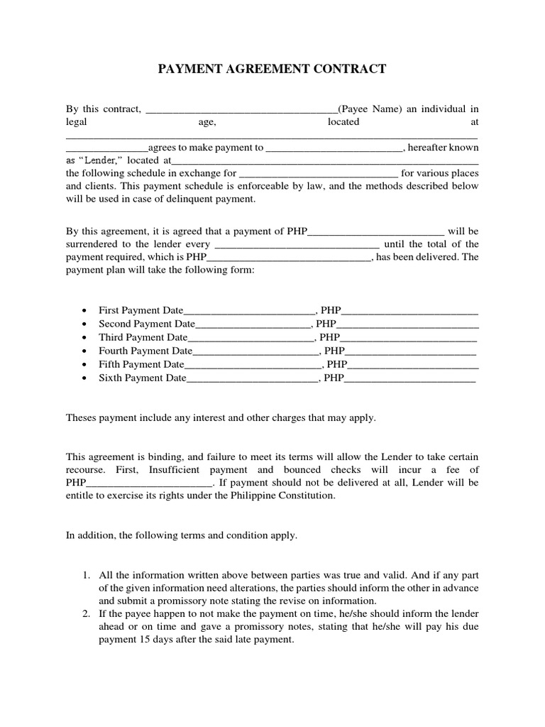 Payment Agreement Contract 2 | PDF | Payments | Promissory Note