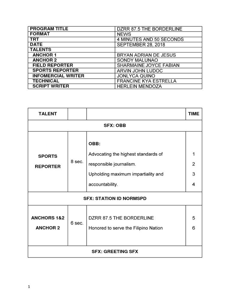 Program Title Format TRT Date Talents Anchor 1 Anchor 2 Field Reporter ...