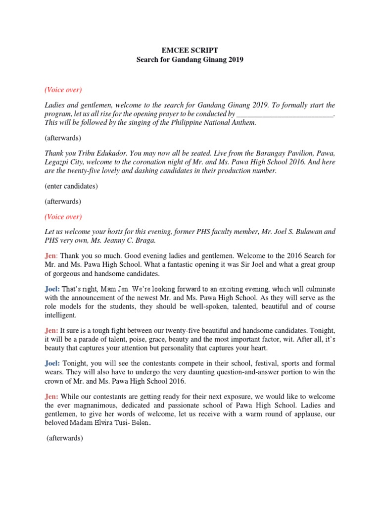Emcee Script For Pageant | PDF