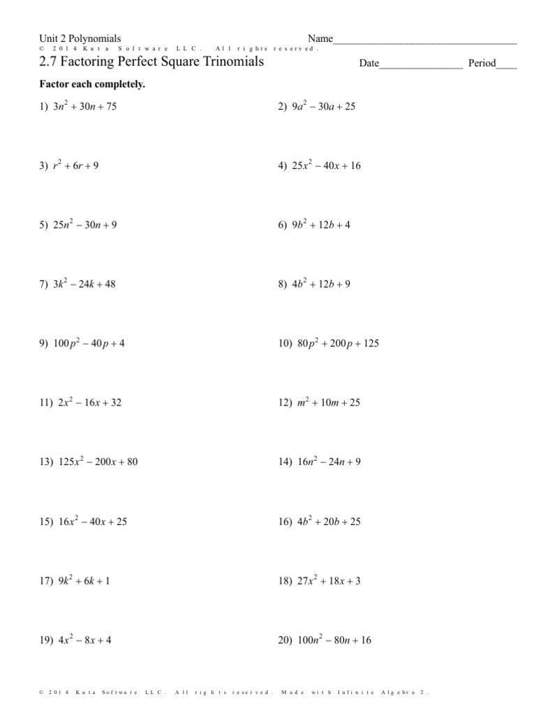 2 7 Factoring Perfect Square Trinomials Pdf Factorization Mathematical Notation
