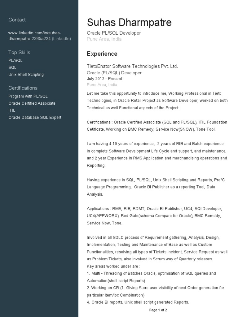 Suhas Dharmpatre: Experience | PDF | Oracle Database | Pl/Sql