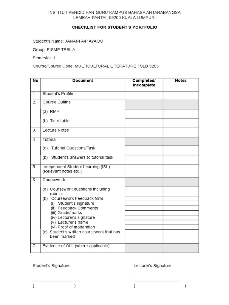 TESL Student Portfolio Checklist | PDF | Applied Psychology ...