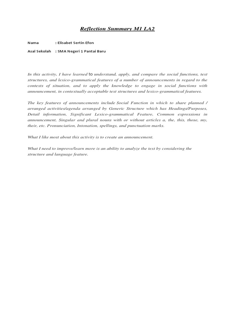 Reflection Summary M1 LA2: Nama: Elisabet Sertin Efon Asal Sekolah: SMA ...