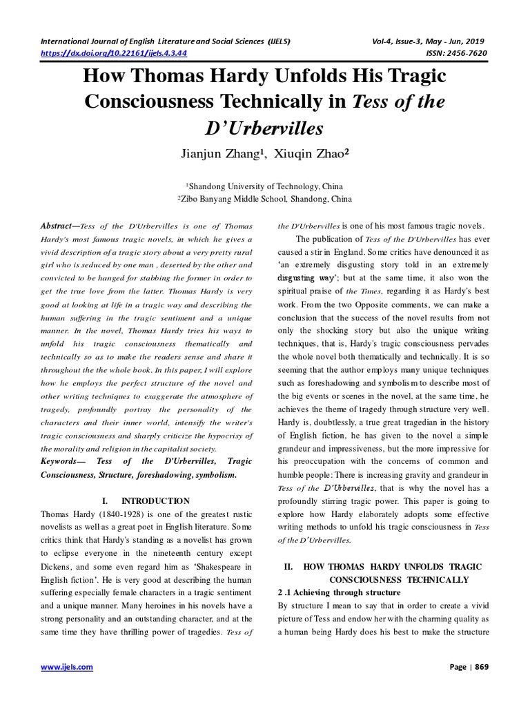 How Thomas Hardy Unfolds His Tragic Consciousness Technically in Tess ...