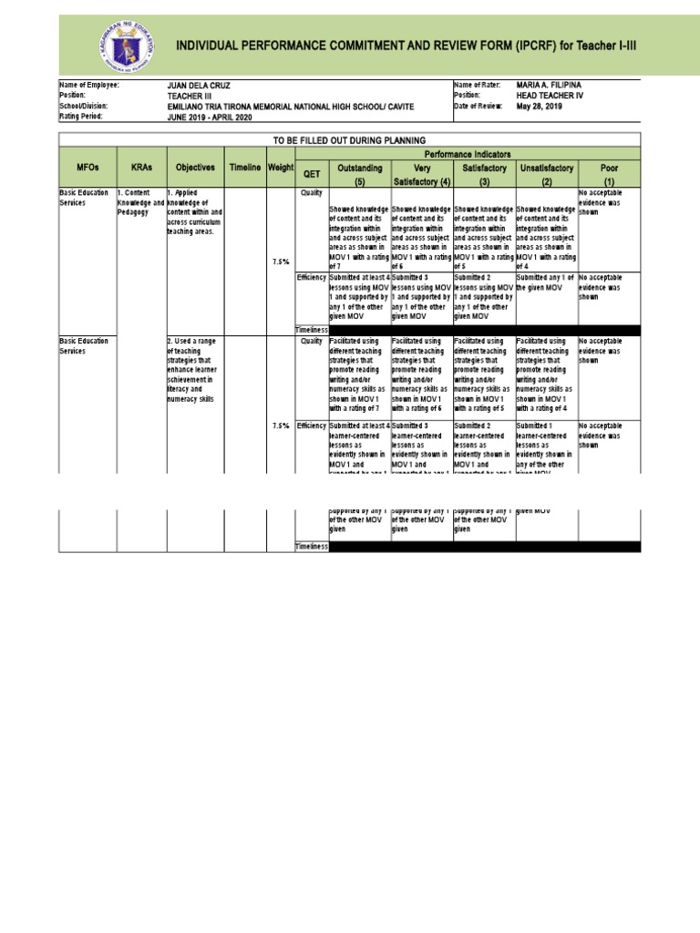 IPCRF Plan 2019 TEMPLATE | PDF | Teachers | Curriculum