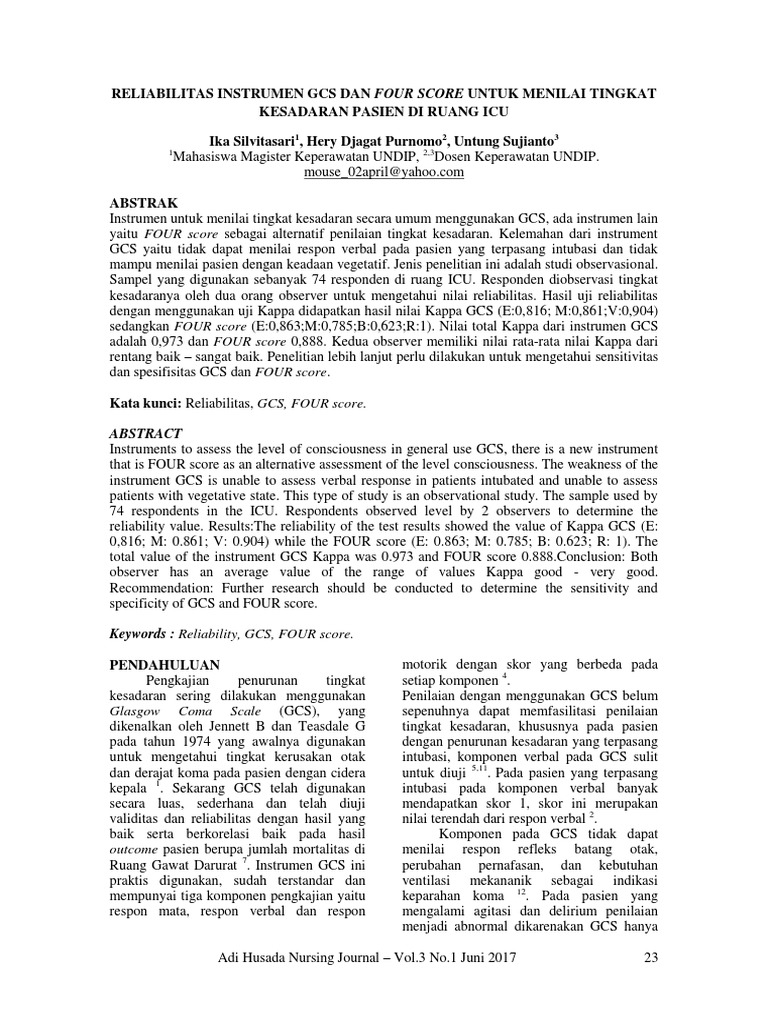 Reliabilitas GCS dan FOUR Score ICU | PDF | Kesehatan Holistik | Sains ...