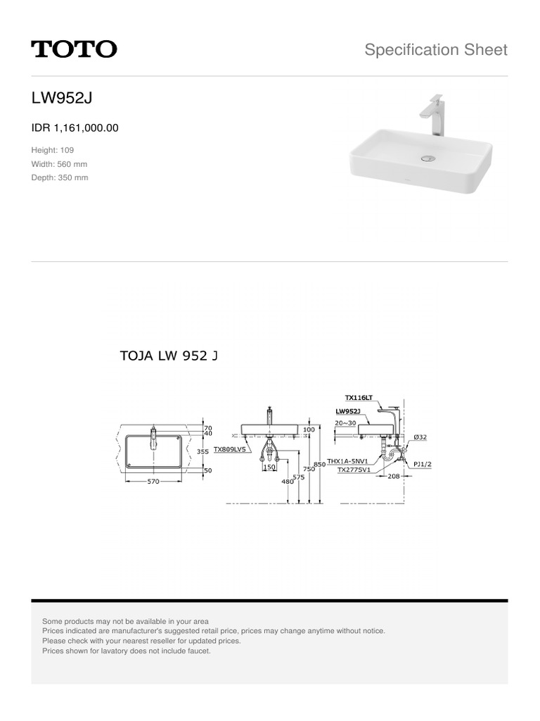 LW952J Lavatory Specs & Price | PDF | Law