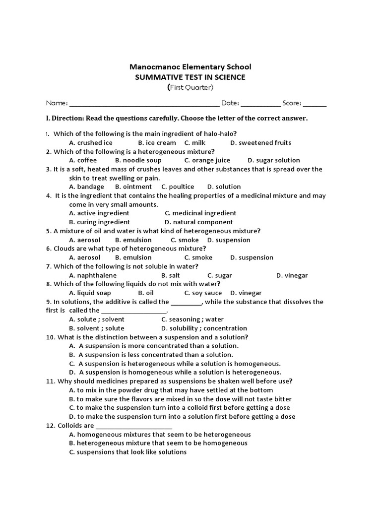 1st Quarter Summative Test in Science | PDF | Suspension (Chemistry ...