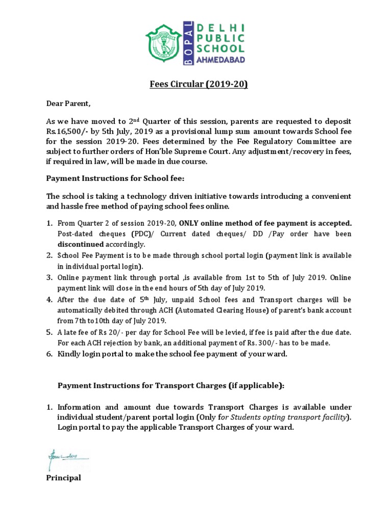 Fees Circular (2019-20) : Payment Instructions For School Fee | PDF