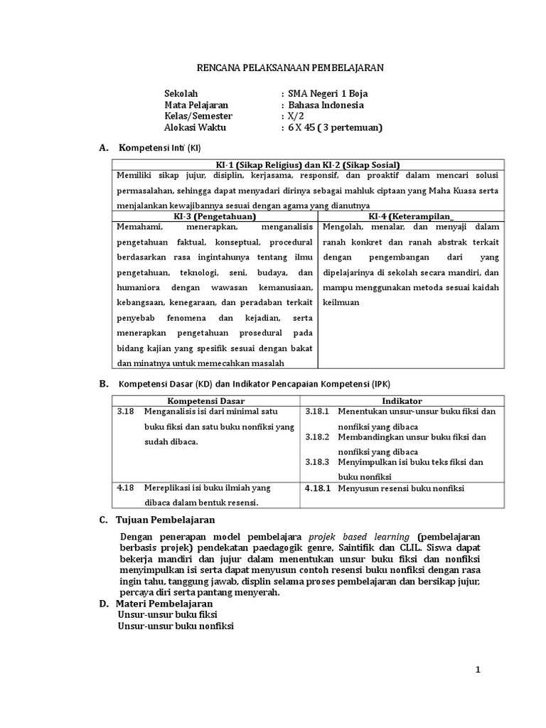 RPP Bahasa Indonesia Kelas X | PDF | Karier & Perkembangan | Seni ...