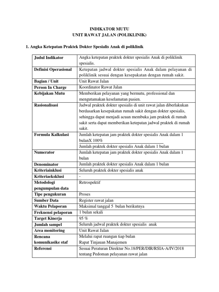 Indikator Mutu Pelayanan Rawat Jalan Pdf