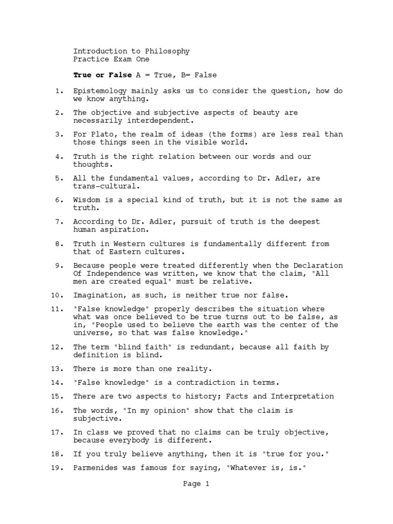 Practice Exam One Intro | PDF | Objectivity (Philosophy) | Truth