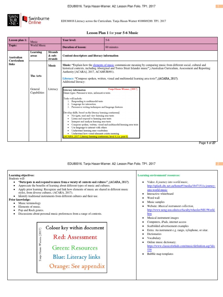 Year 5-6 World Music Lesson Plan | PDF | Literacy | Learning