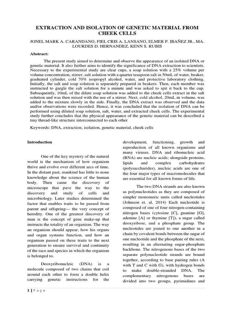 Extraction and Isolation of Genetic Material From Cheek Cells | PDF ...