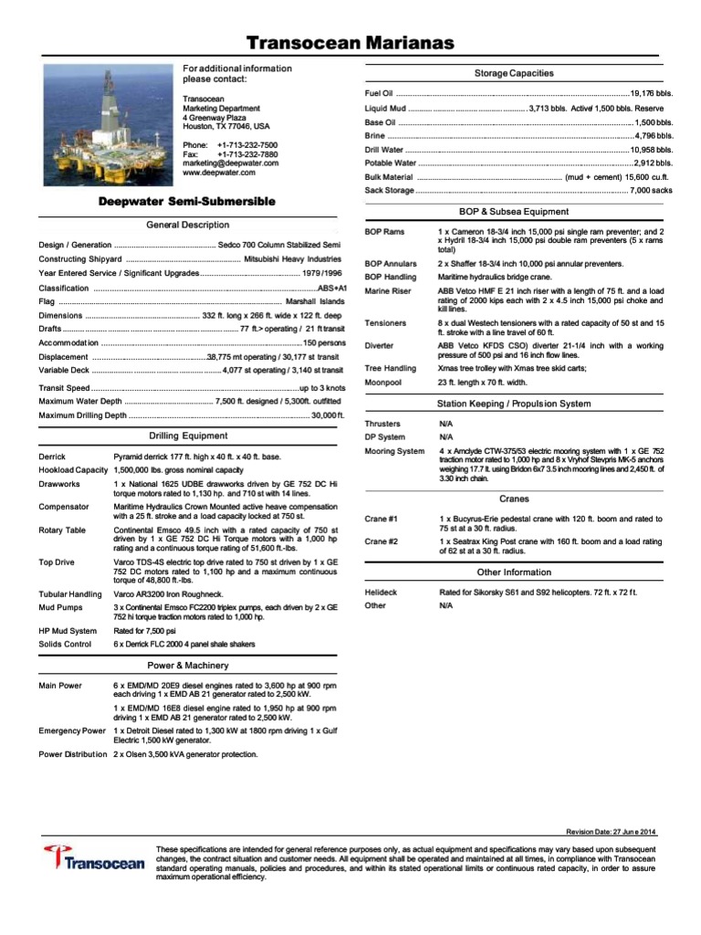 Transocean Marianas Transocean Marianas: Deepwater Semi-Submersible ...
