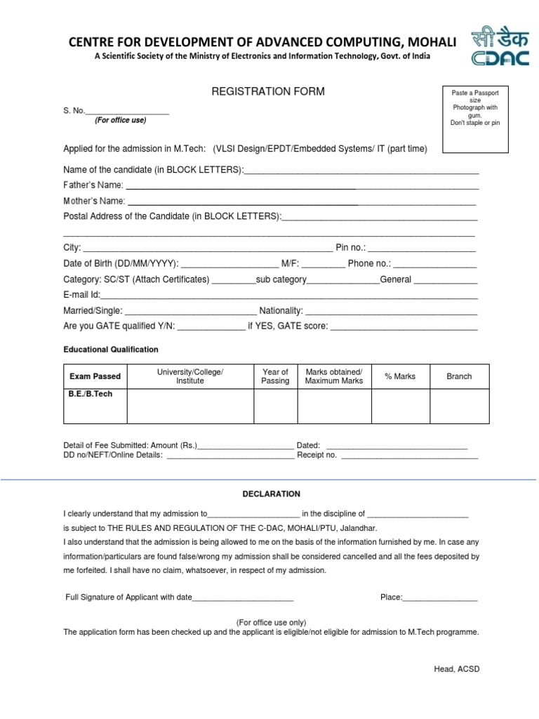 Centre For Development of Advanced Computing, Mohali: Registration Form ...