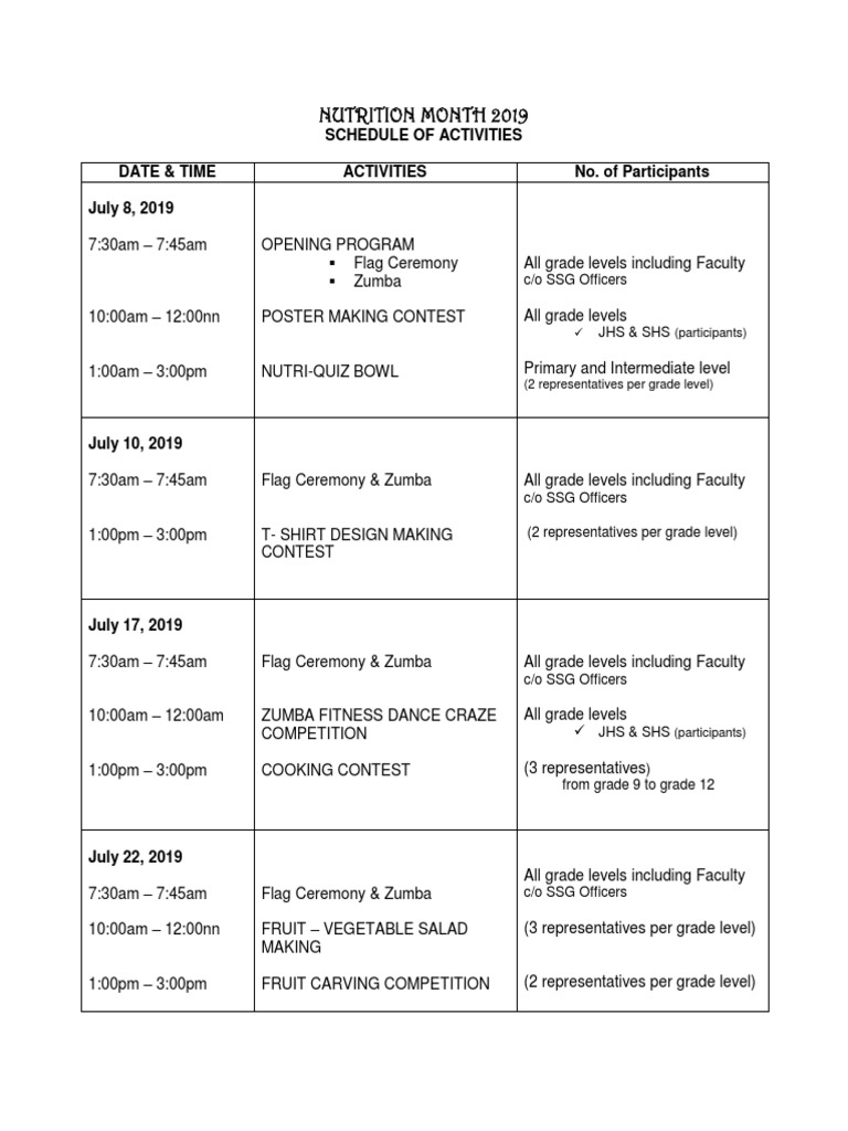 Nutrition Month 2019: Schedule of Activities Date & Time Activities No ...