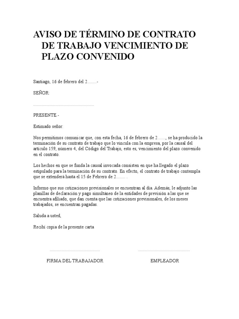 Aviso de Término de Contrato de Trabajo Vencimiento de Plazo Convenido ...