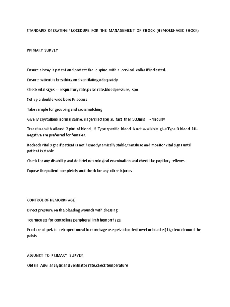 Management of Hemorrhagic Shock SOP | PDF