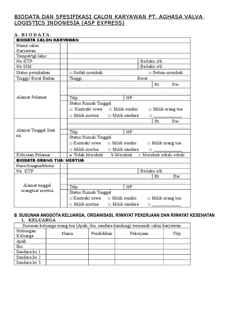 Form Calon Karyawan Cabang ASP | PDF