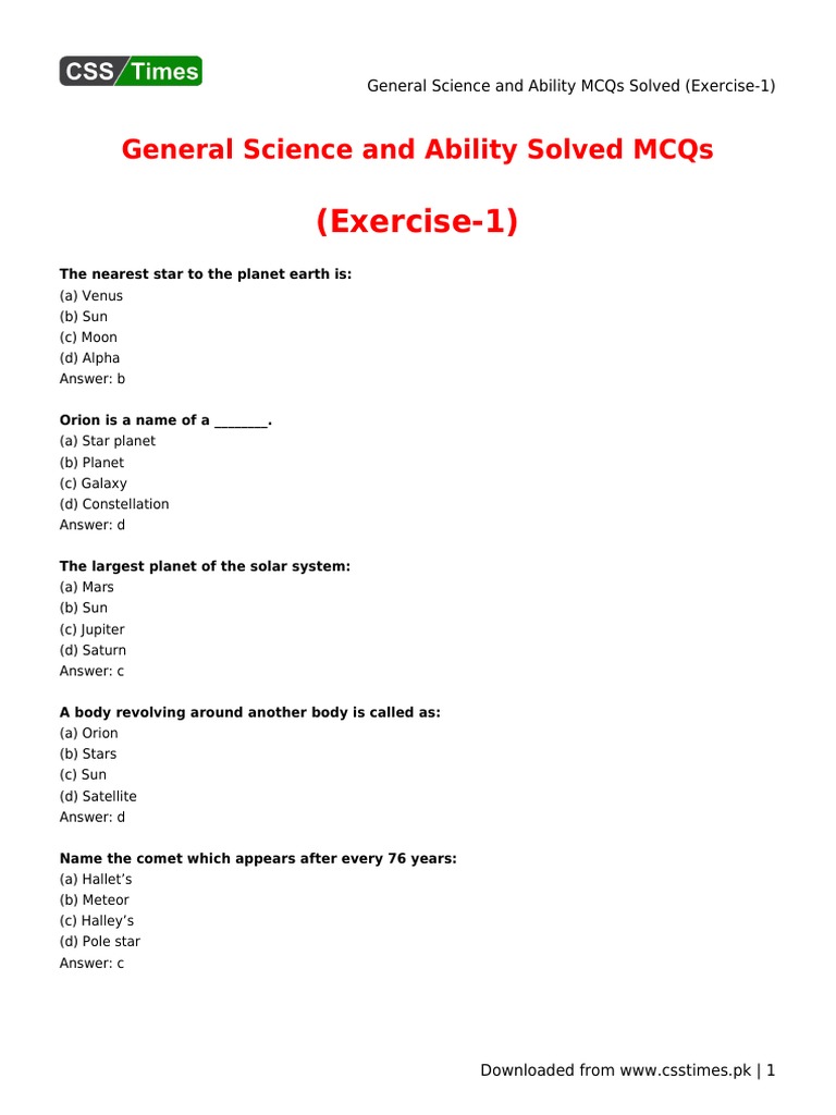 General Science and Ability MCQs Solved (Exercise-1) PDF | PDF ...