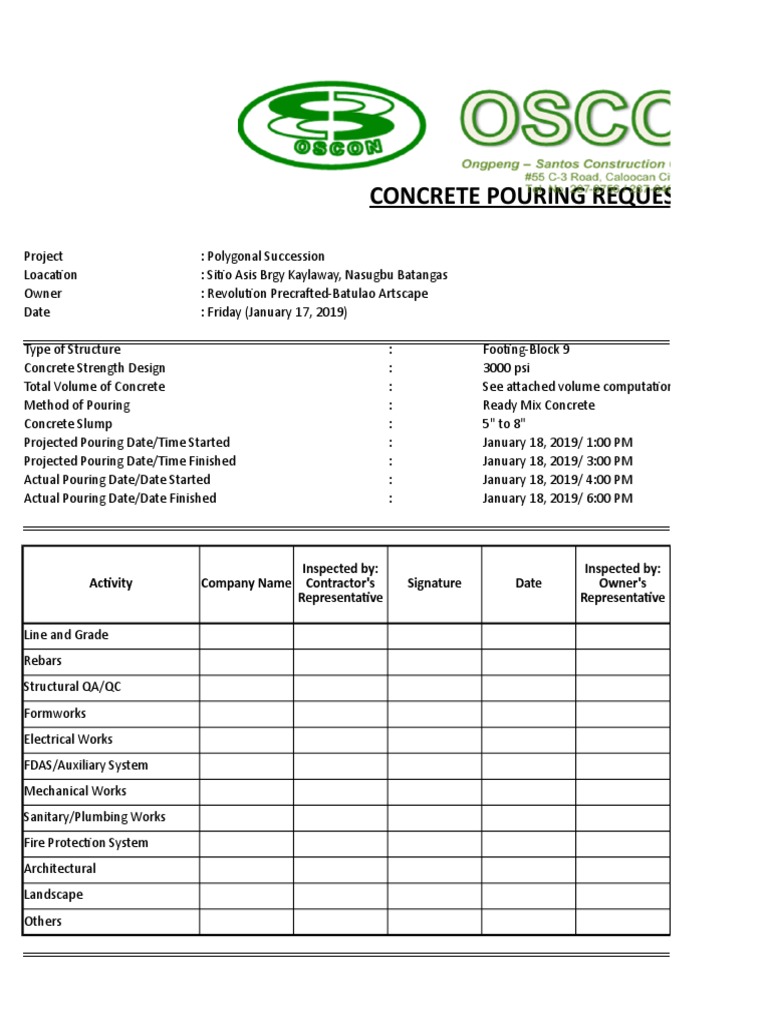 Concrete Pouring Request Form1 | PDF | Real Estate Law | Concrete
