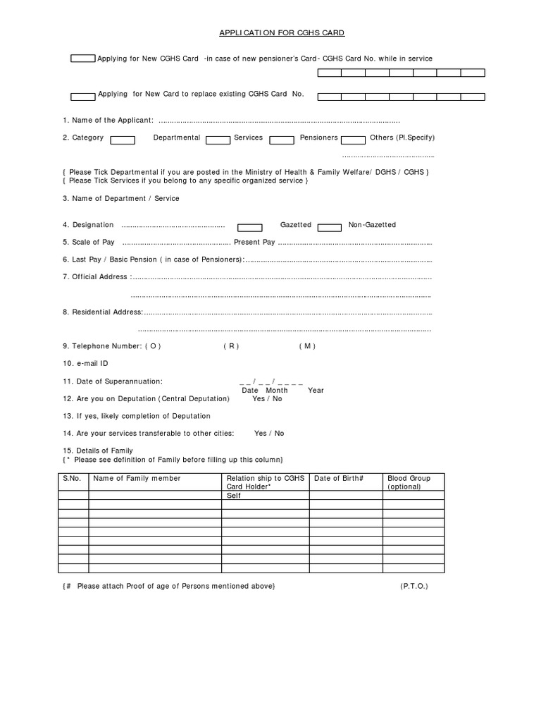 Application For Cghs Card | PDF | Identity Document | Wife