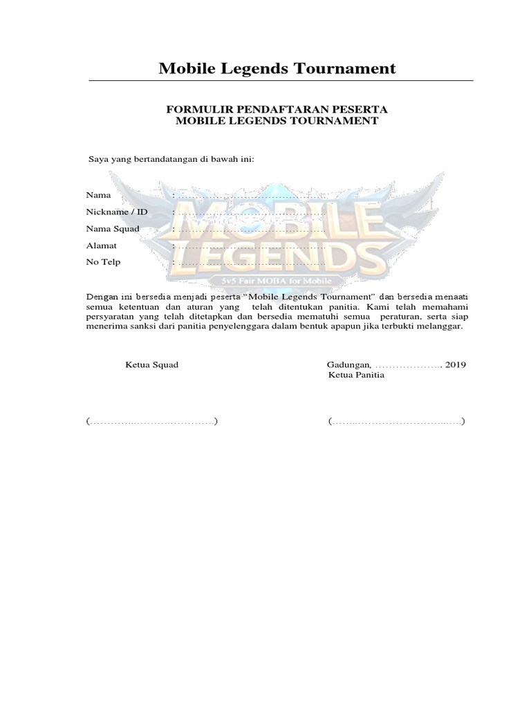Formulir Pendaftaran Peserta Mobile Legends Tournament | PDF