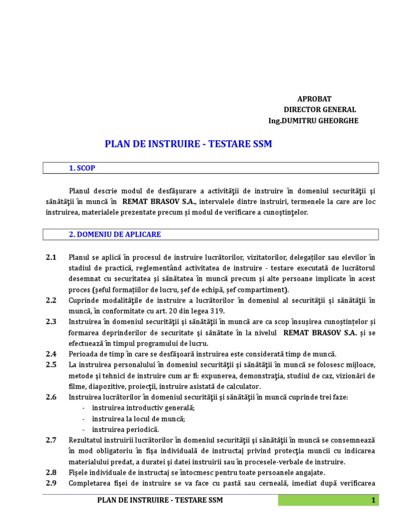 Plan de Instruire Si Testare SSM - Model | PDF