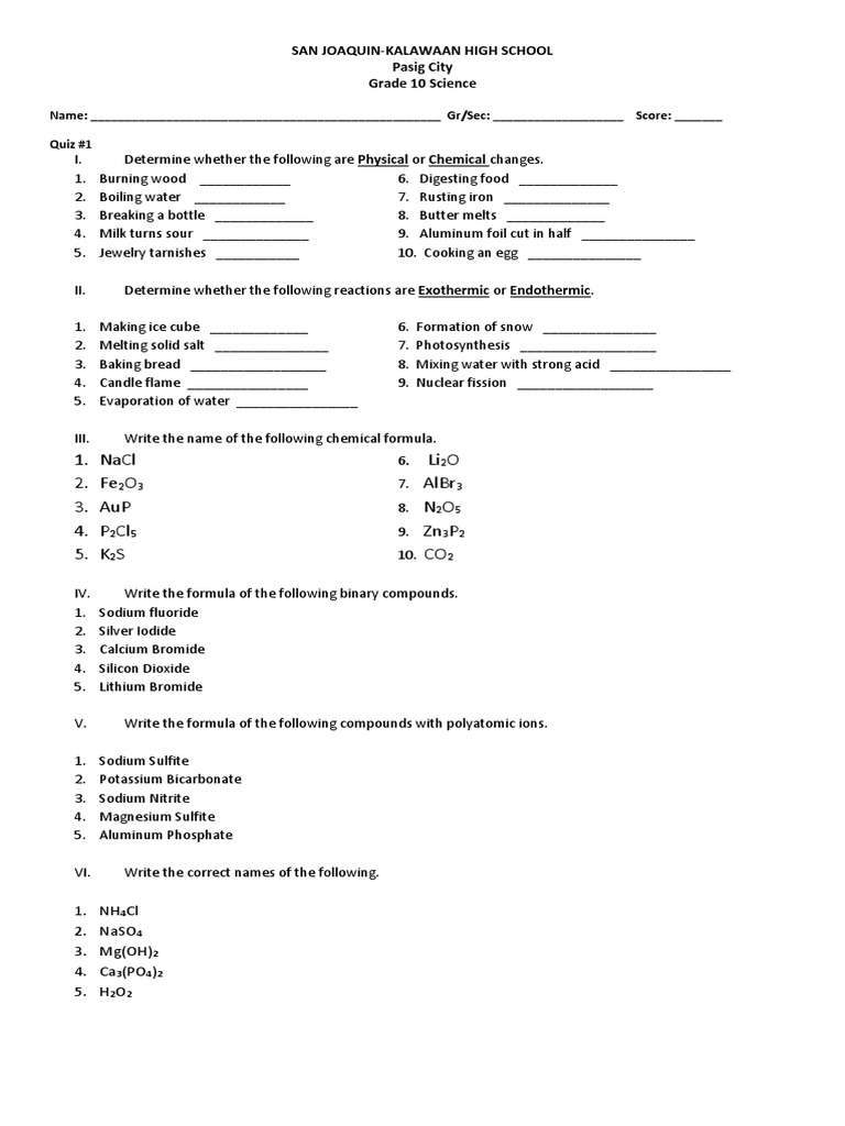 Grade 10 Science Quiz: Changes & Reactions | PDF