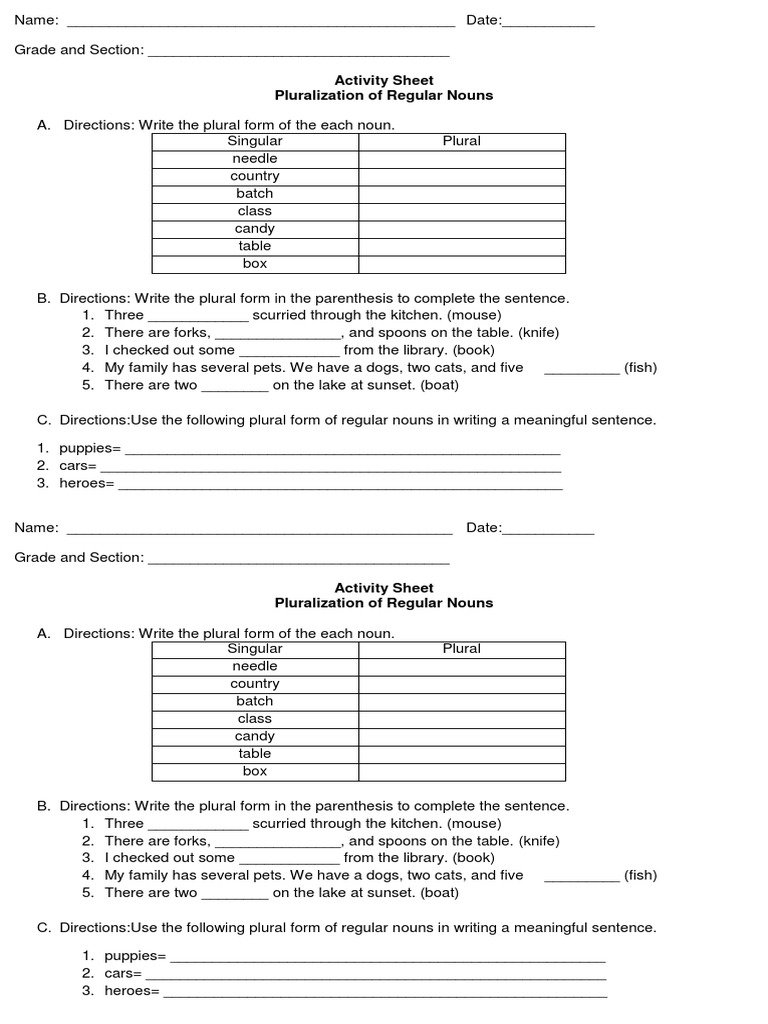 Regular Nouns Pluralization Worksheet | PDF | Plural | Grammatical Number